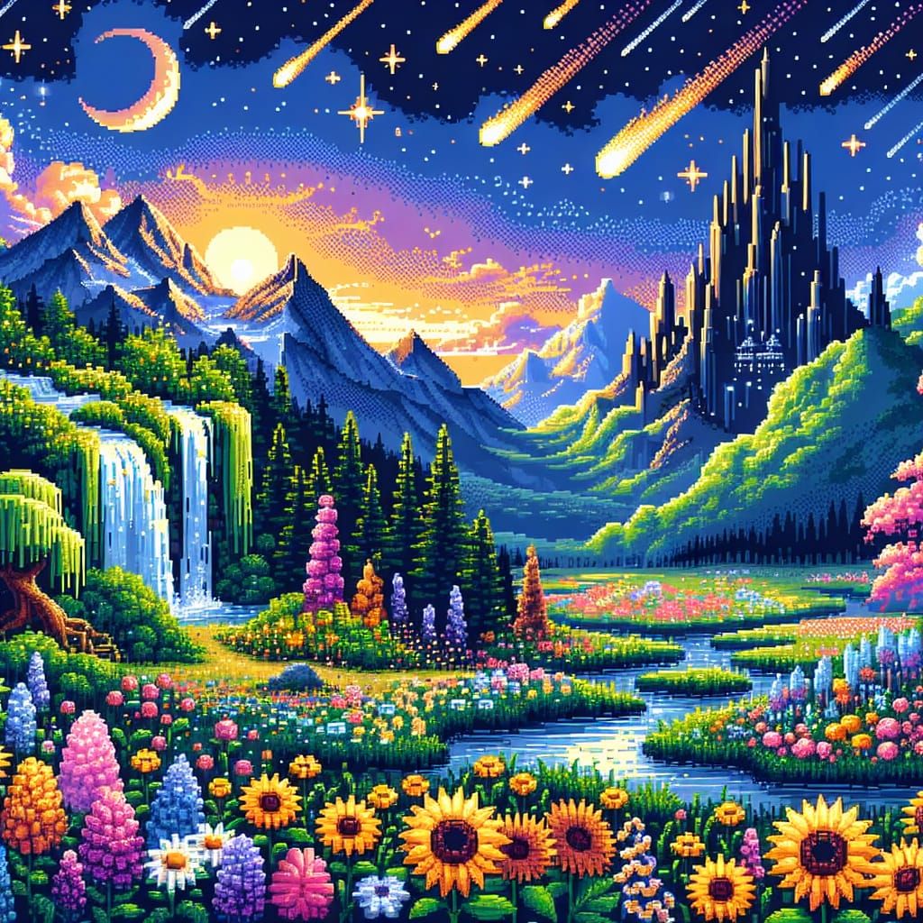 A beautiful sun rise with the north star hall beautiful flower meadow ...