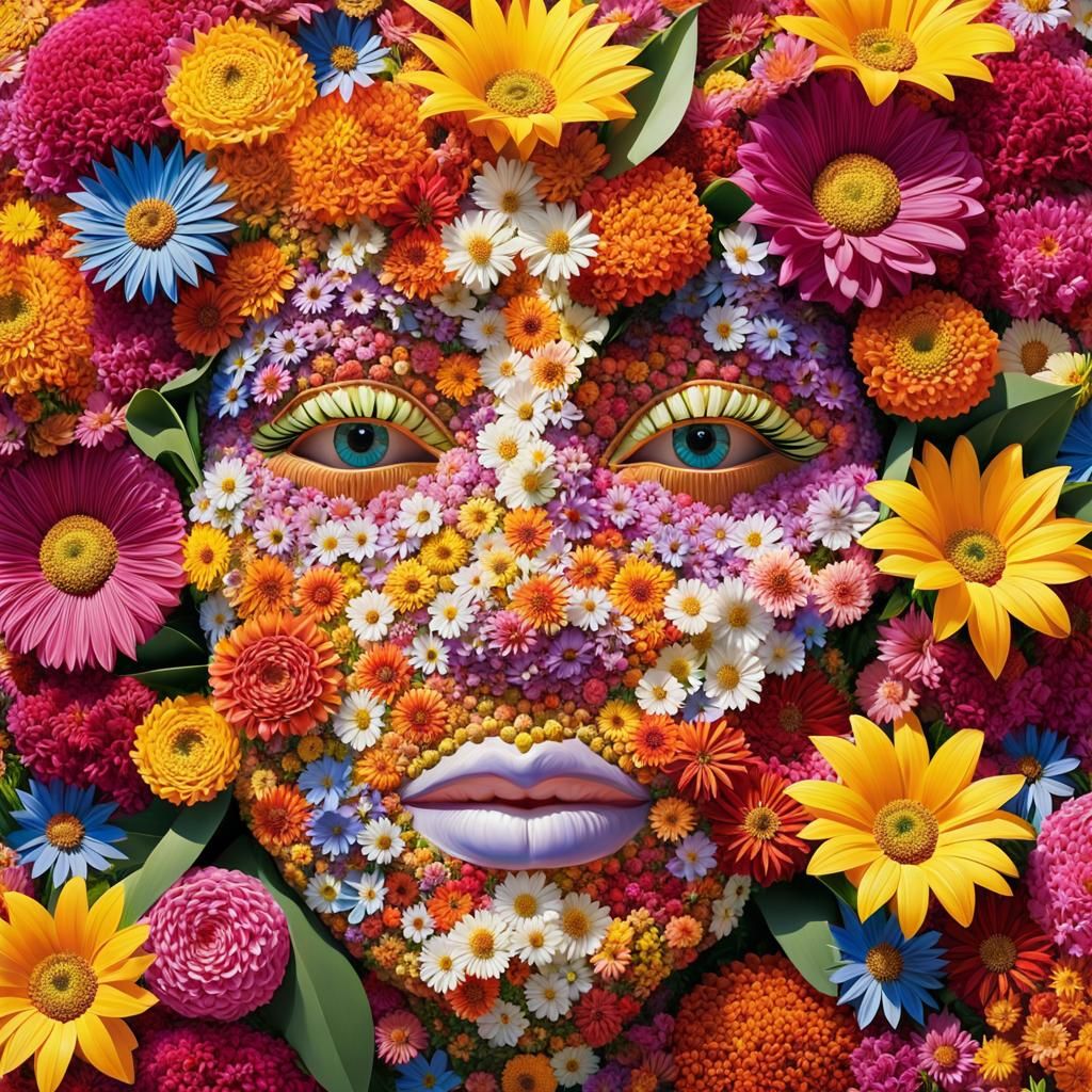 A 3D painting of a human face made of flowers, meticulously constructed ...