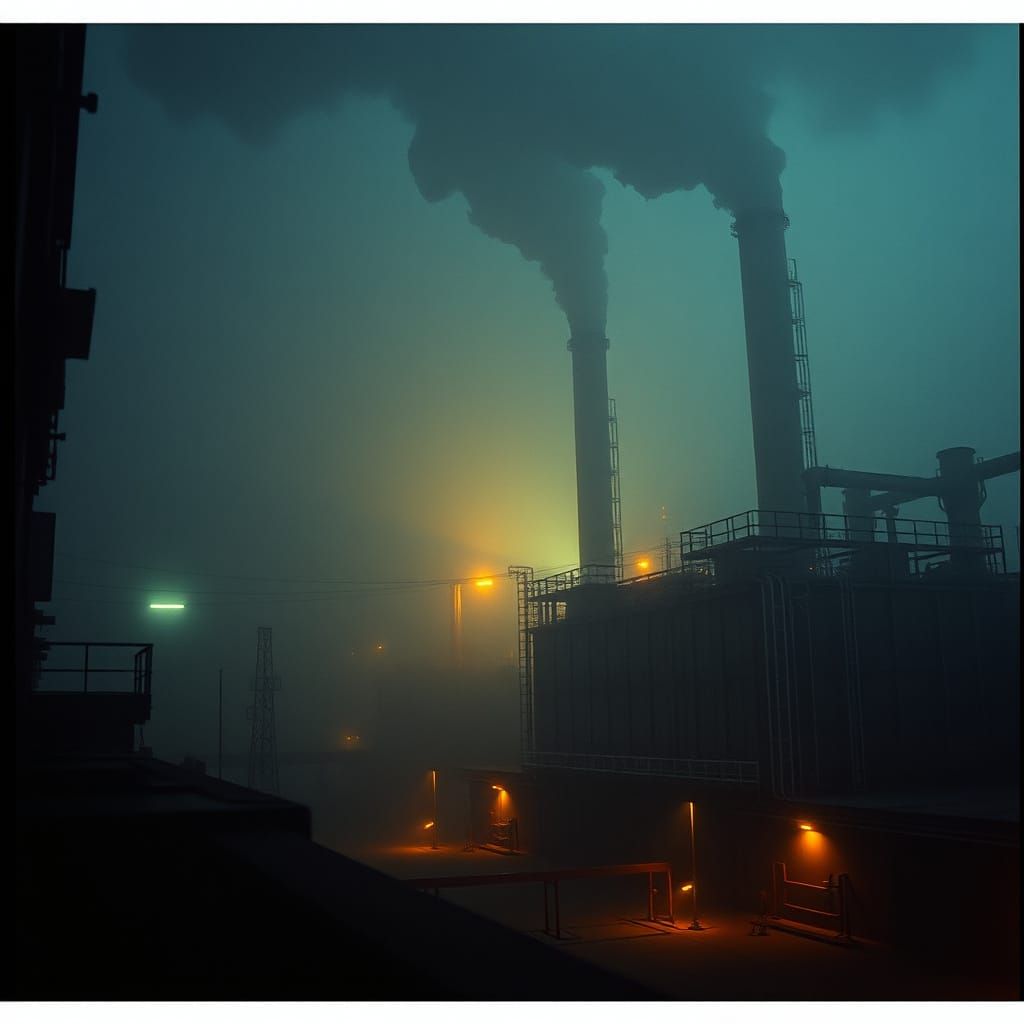 Dark Dystopian Factory in Toxic Fog - AI Art