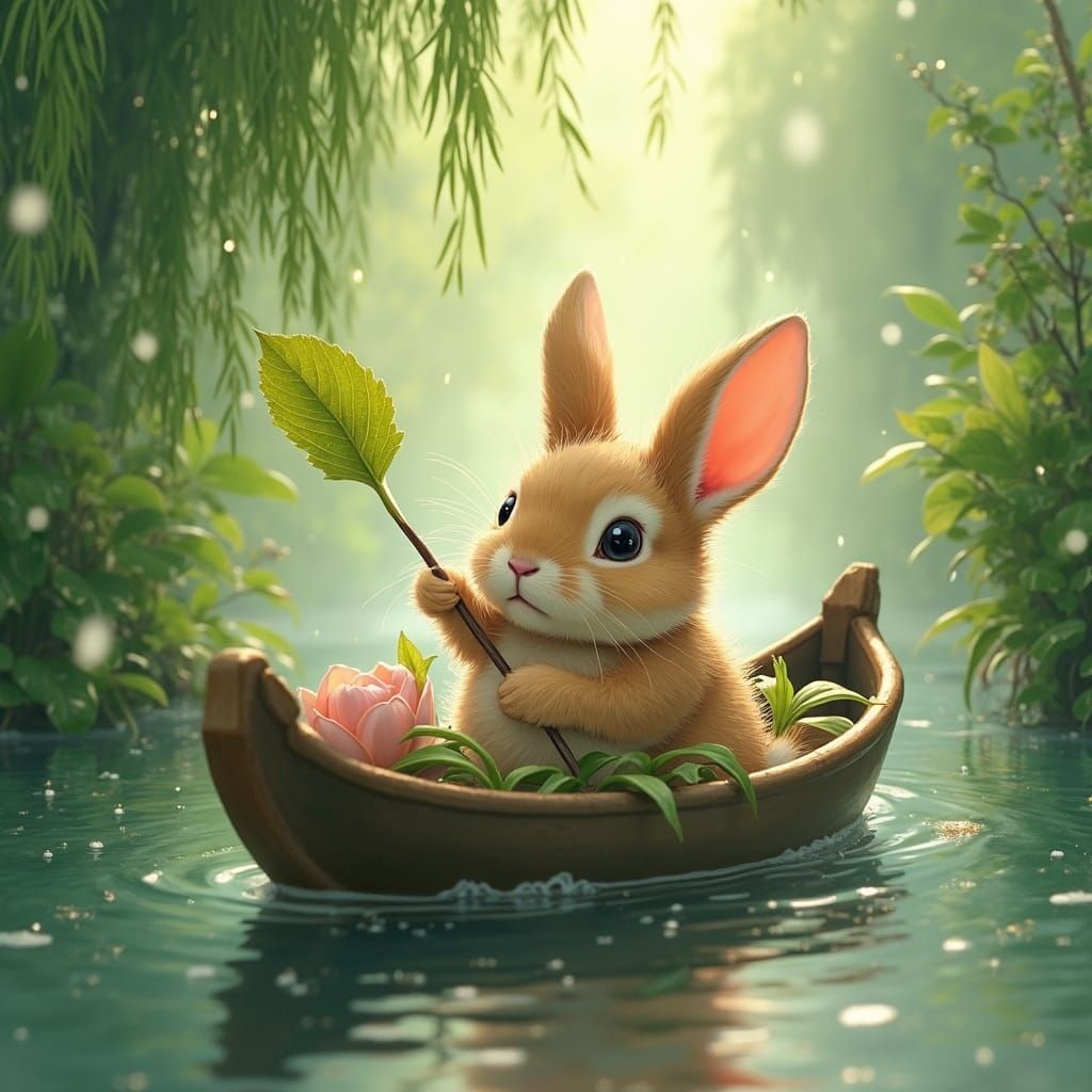 Rabbit Boat - Whimsical Rabbit in Traditional Eastern Boat
