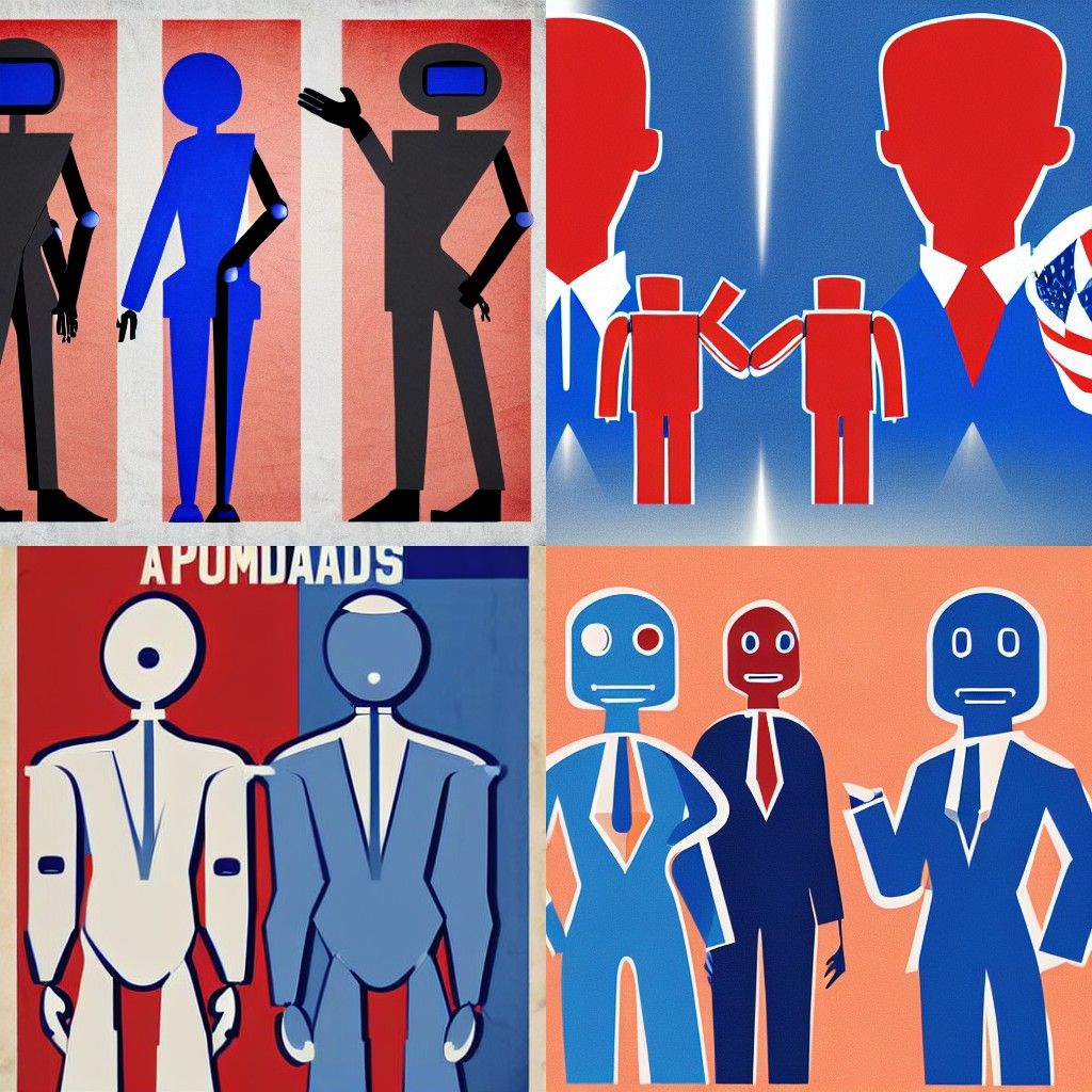 two humanoid robots in suits at business meeting american propaganda ...