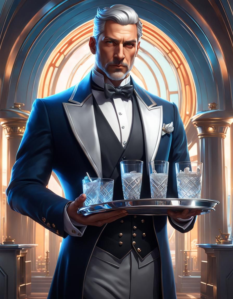 a beautiful android silver , dressed as an English butler, carrying a ...