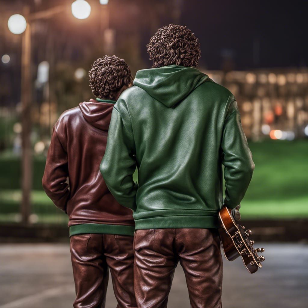 the backs of three identical copper statues of a young man wearing a ...