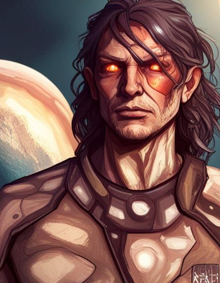 Broken old cyborg veteran, in a post apocalyptic wasteland, under a ...