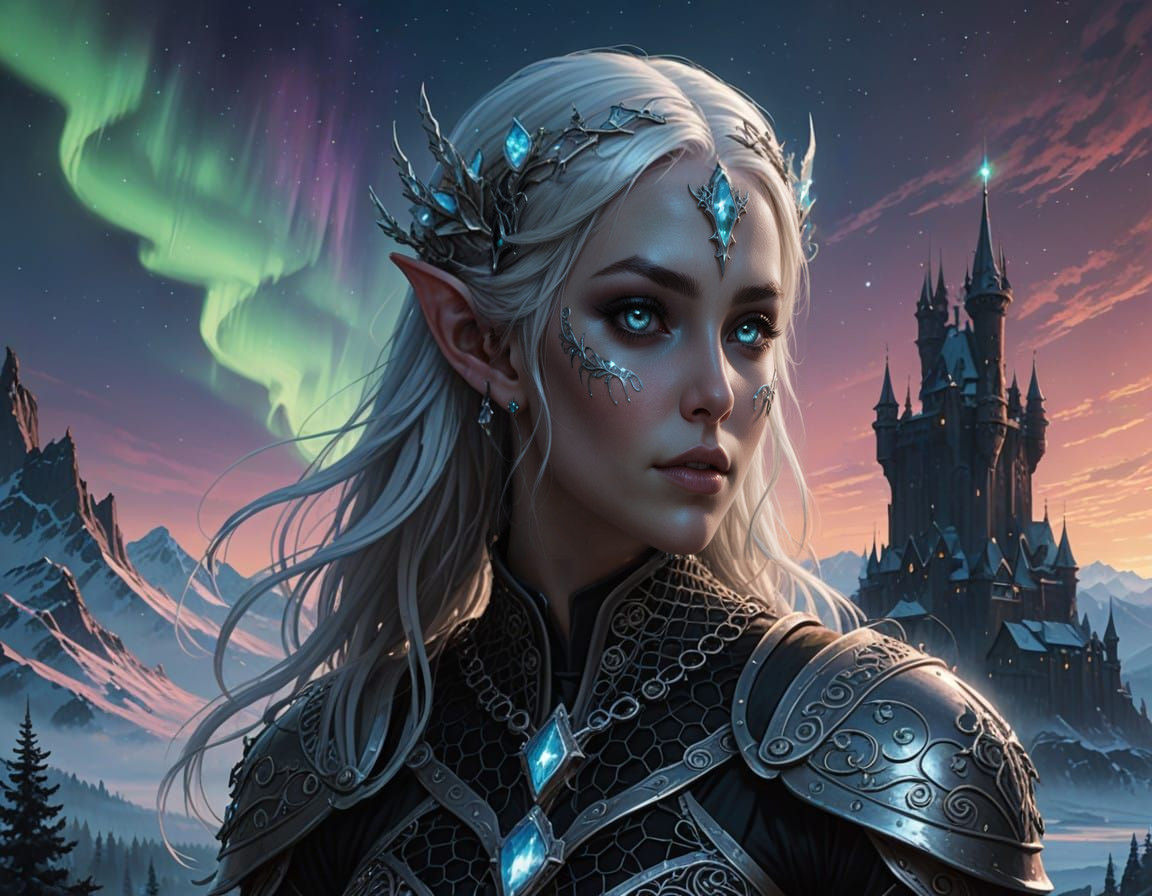 The Librarian - Mystical Drow Maiden Amidst a Celestial Mist