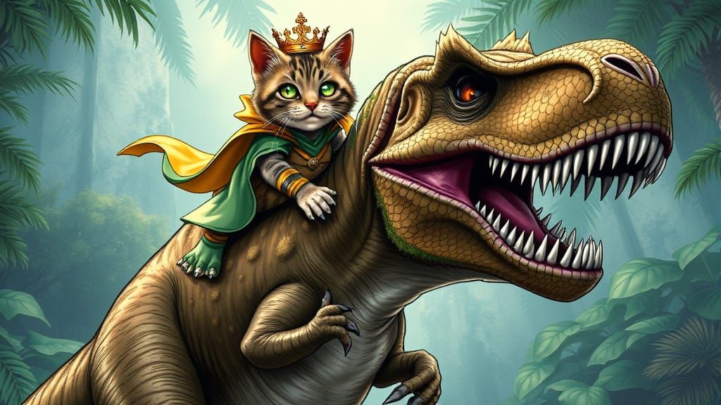 Majestic Cat Rides Tyrannosaurus Rex in Epic Comic... - AI Art
