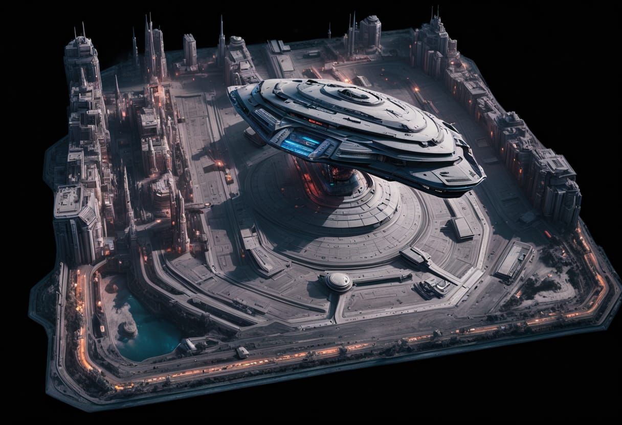 A gigantic cargo starship vessel hovers above an alien landscape before ...