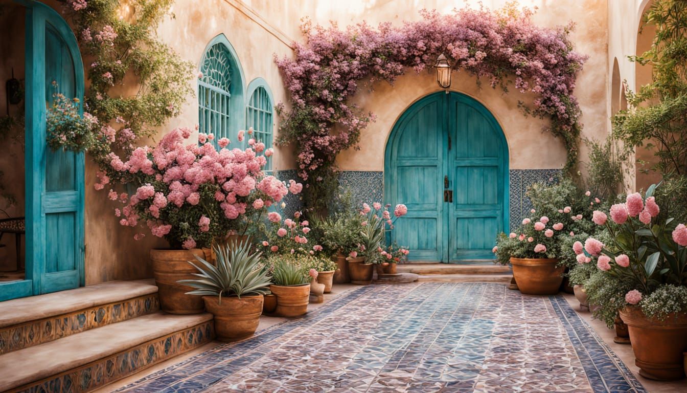 A peaceful watercolor scene of a charming Middle Eastern courtyard ...