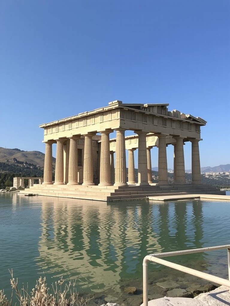 Ancient Greek Stoa Surrounded by Majestic Waterfal... - AI Art