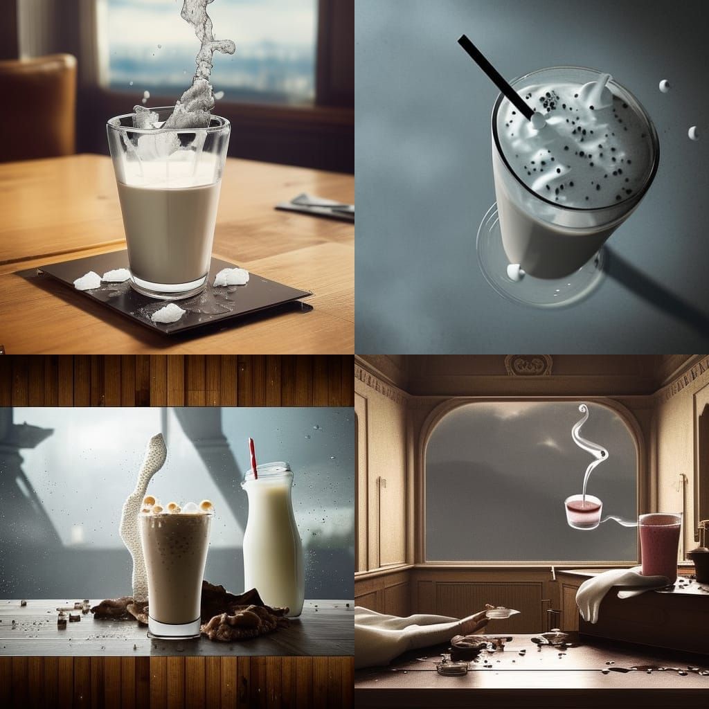 milkshake tipped over laying on a table and spillt out of glass onto ...