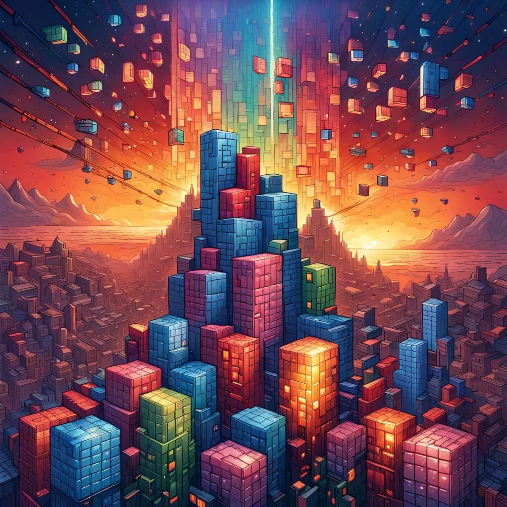 Tetris pieces dropping down from the sky .. - AI Generated Artwork ...