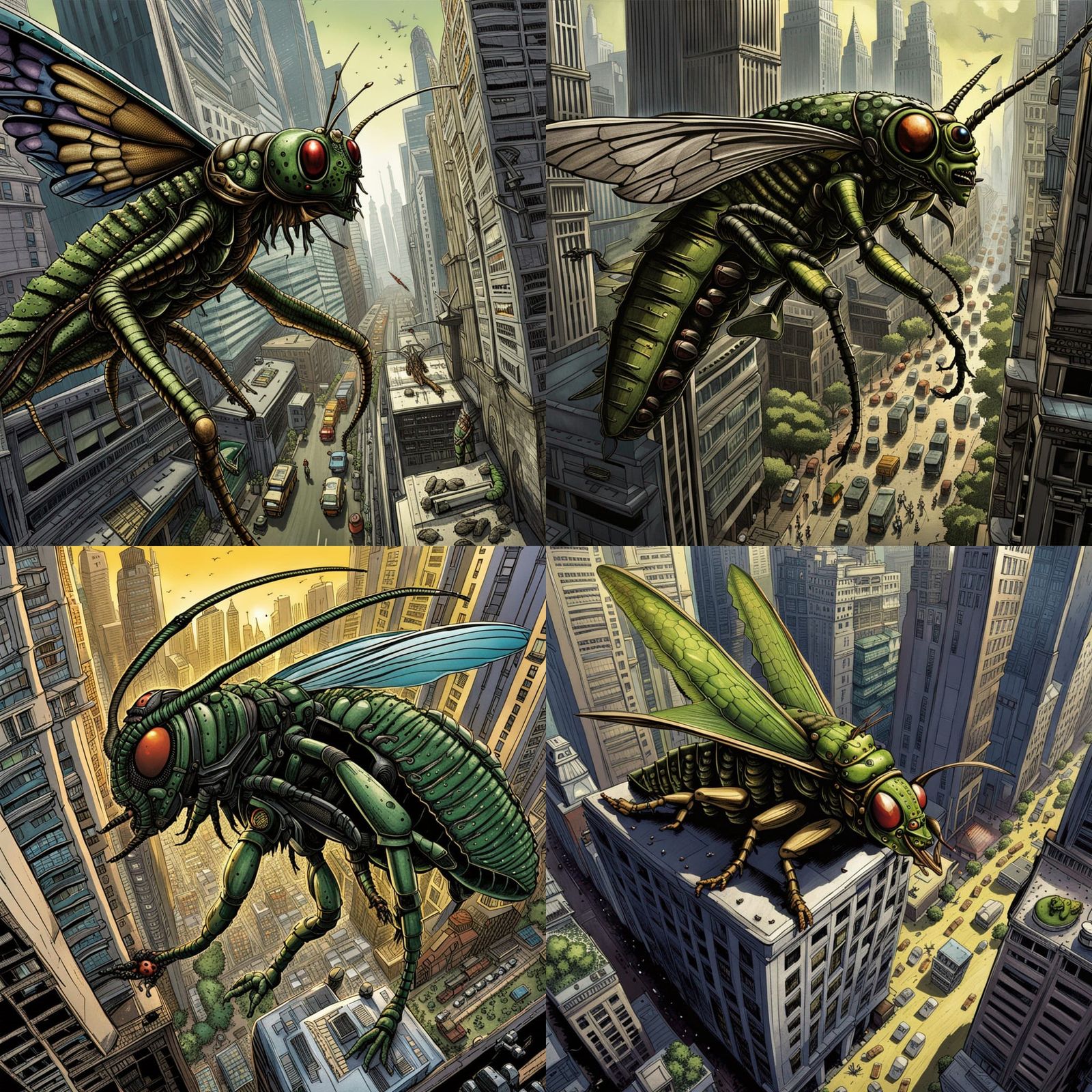 queen mutated Grasshopper kaiju eating a skyscraper, swarming with ...