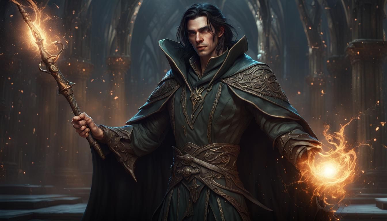 A dark haired male high elf sorcerer. Wearing a dark cloak and elven ...