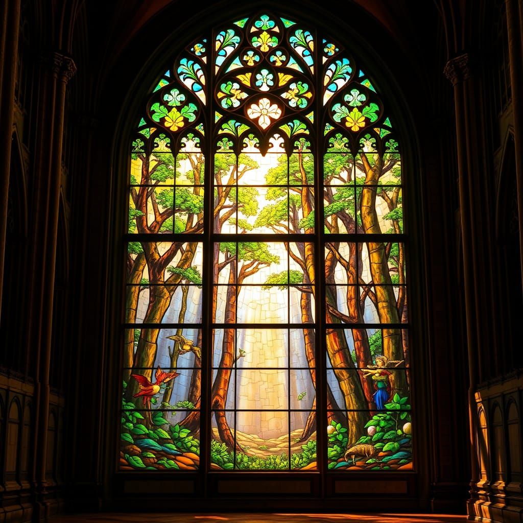 Stained glass, trees - Gothic Revival Stained Glass Cathedra...