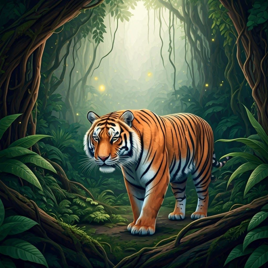 Surreal Tiger Roams Jungle in Vibrant Watercolor - AI Art