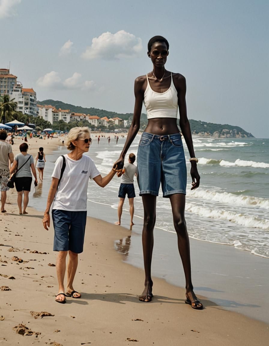 extremely tall woman on a beach with a very short man - AI Generated ...