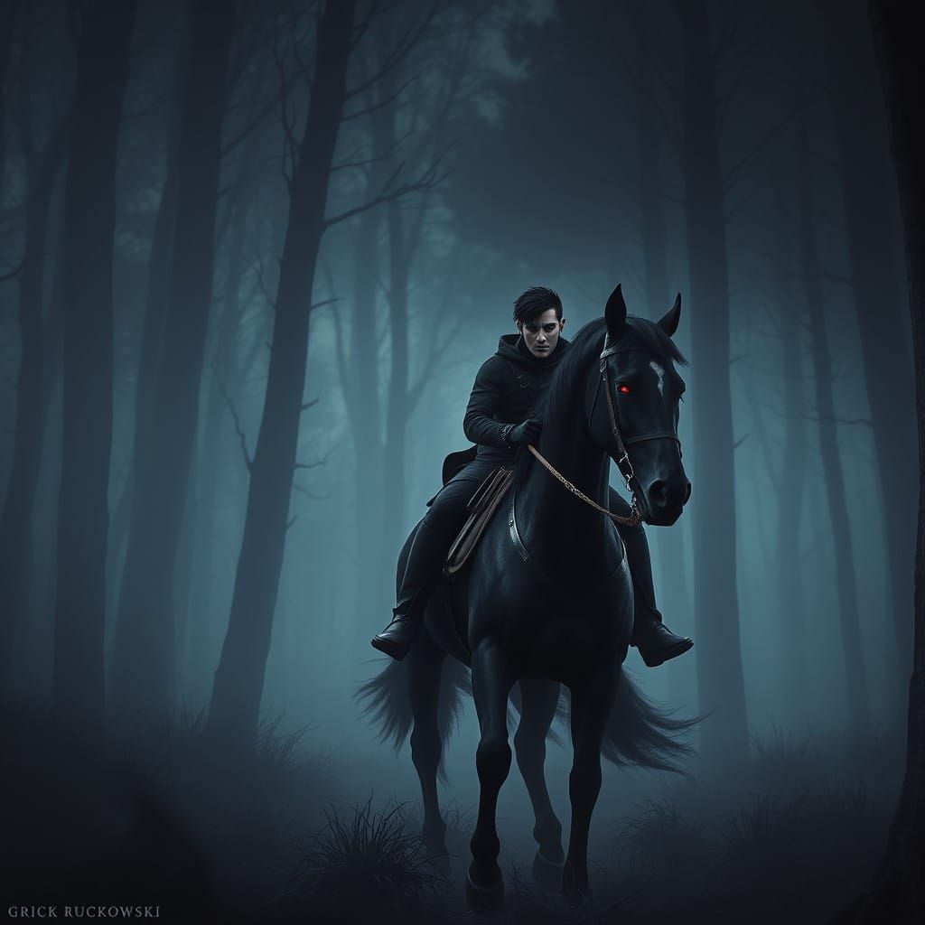 Dark Fantasy Rider Emerging from the Fog - AI Art