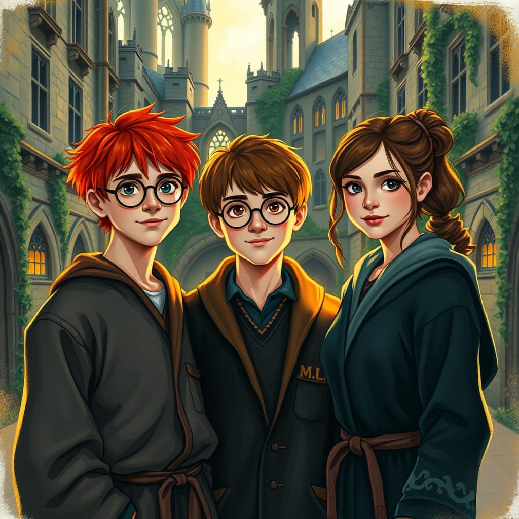 Nostalgic Wizards Standing Together in Hogwarts Co... - AI Art