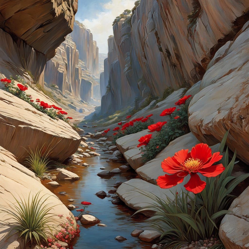 The Creek - Red Flower Blooms in Rocks: Waterhouse Anime Sty...