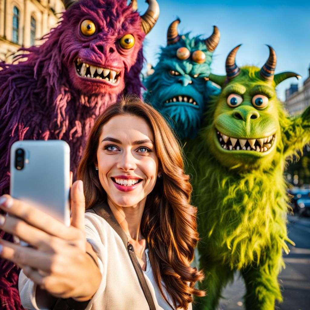 potrait of woman having selfie with monsters in city - AI Generated ...