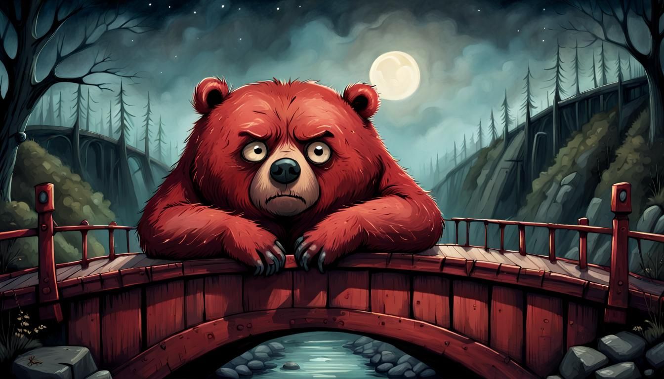 A Grumpy Red Bear Frowns on a Bridge in Whimsical ... - AI Art