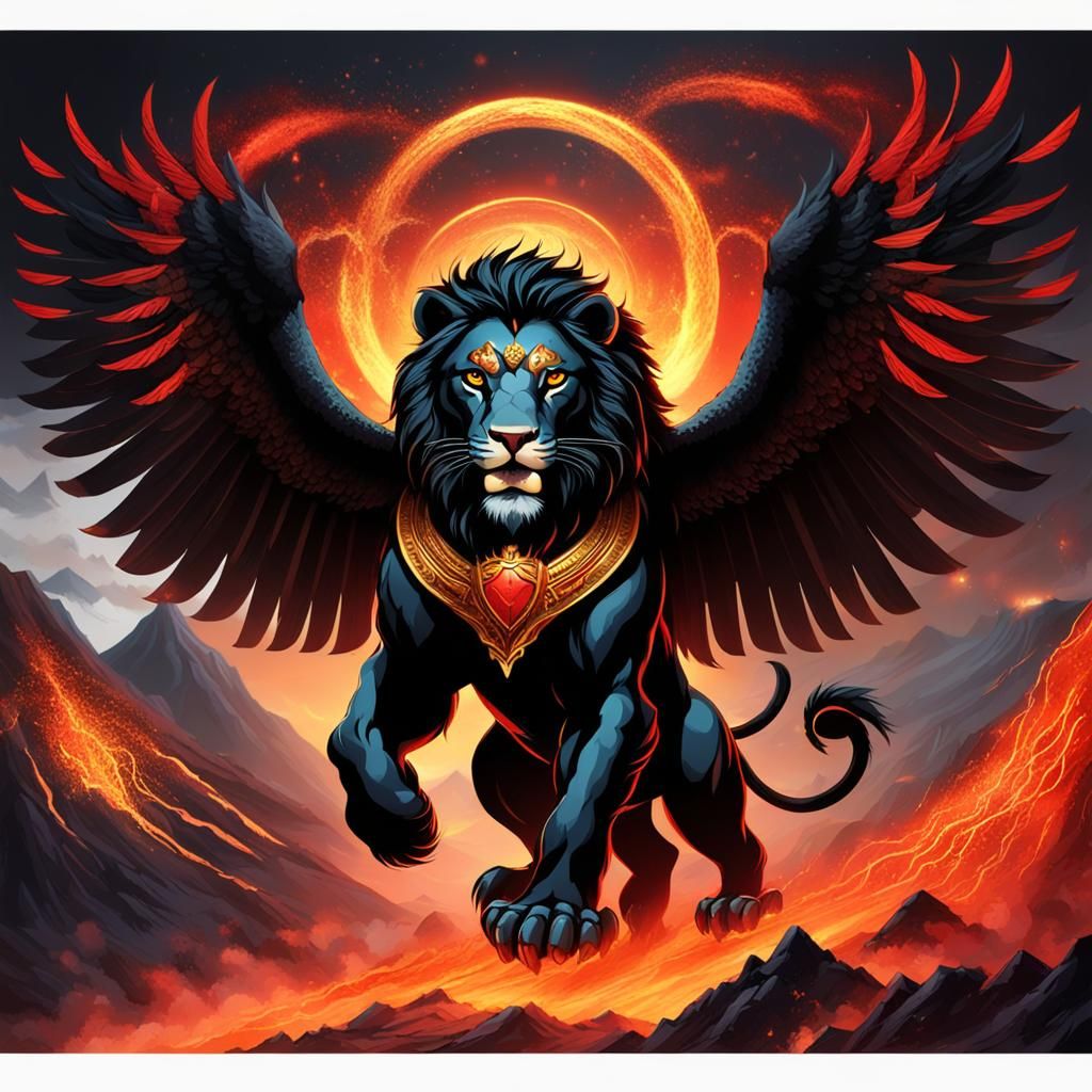 Fierce Black Lion with red and gold wings soaring over a volcano ...
