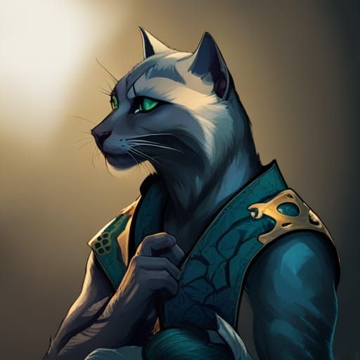 a portrait of a male tabaxi monk wearing a sleeveless blue gi, the ...