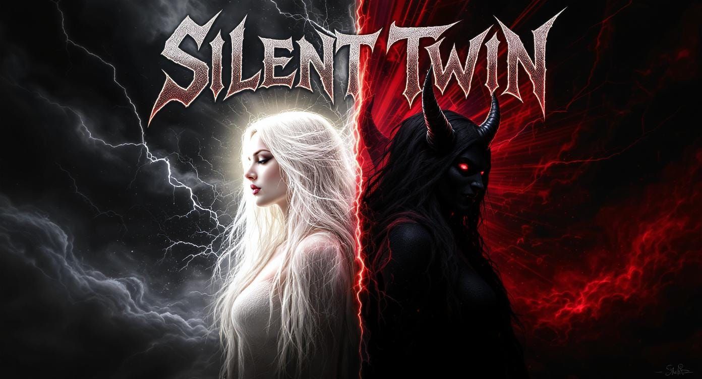 Hard rock album cover for the title "Silent Twin". The artwork depicts the concept of duality ...