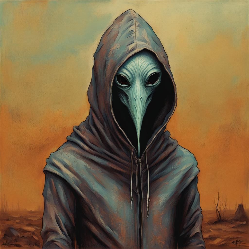 Hooded alien creature abstract art complementary colors fine details ...