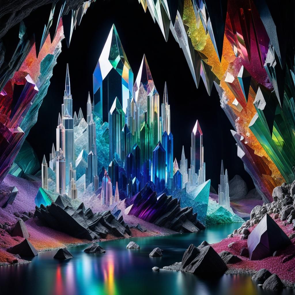 "sharp Crystal filled cave, large colorful crystals, refraction ...