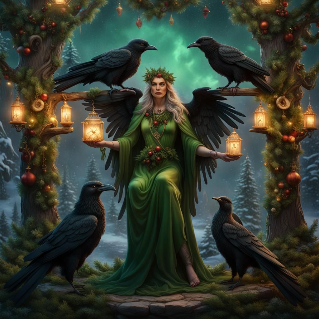 The great mother goddess holding Three Ravens while the green man ...