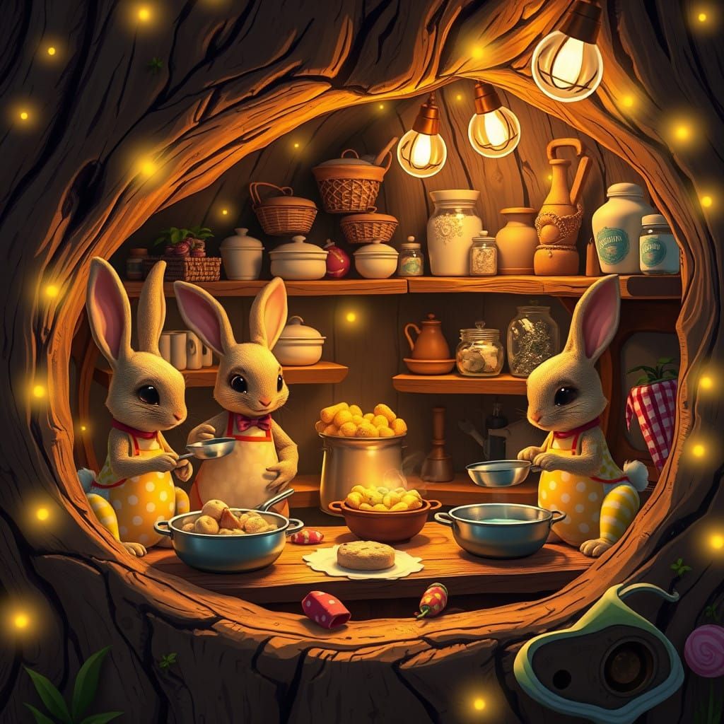 Whimsical Rabbits Cook in Enchanted Tree Trunk Kit... - AI Art