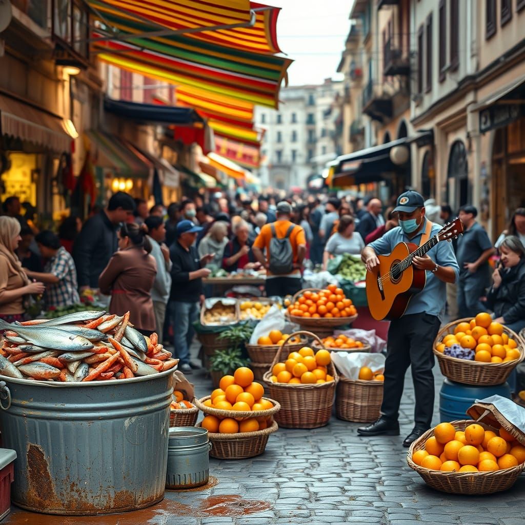 Crowded market square at midday with colorful awnings flapping in the ...