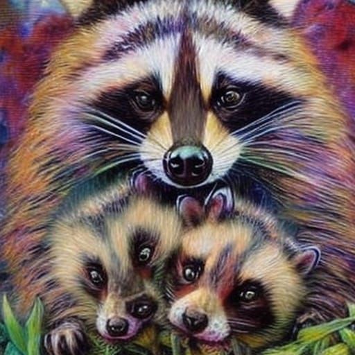 a beautiful portrait of a giant raccoon with two babies,under glass ...