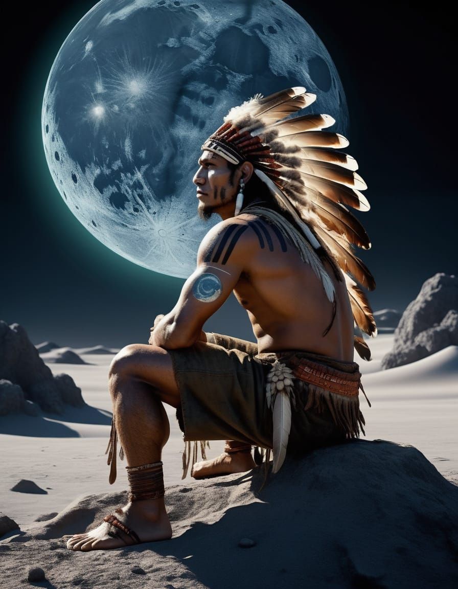 Taino Warrior Contemplates Earth from the Moon's S... - AI Art