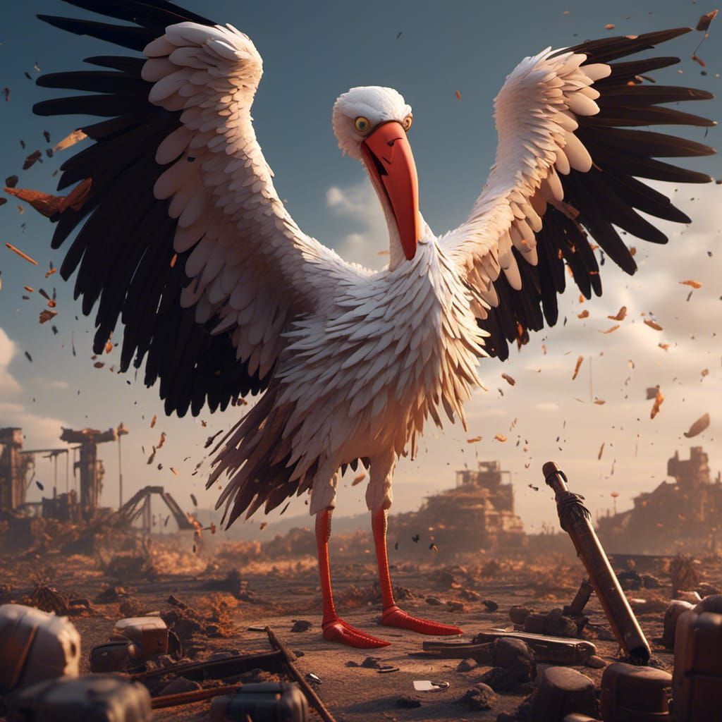 Bad and angry stork with weapon, he is in war modus, he is in a war ...
