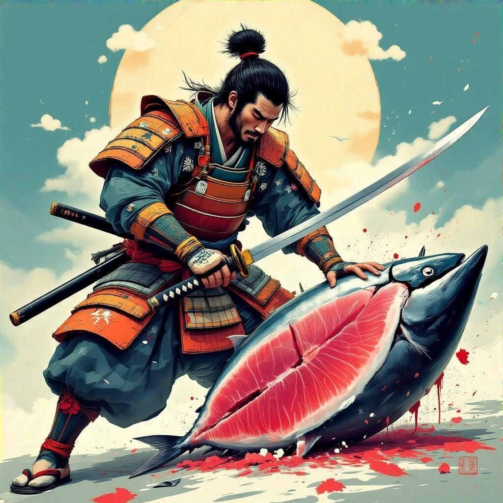 Samurai Warrior in Epic Tuna Slicing Scene - AI Art