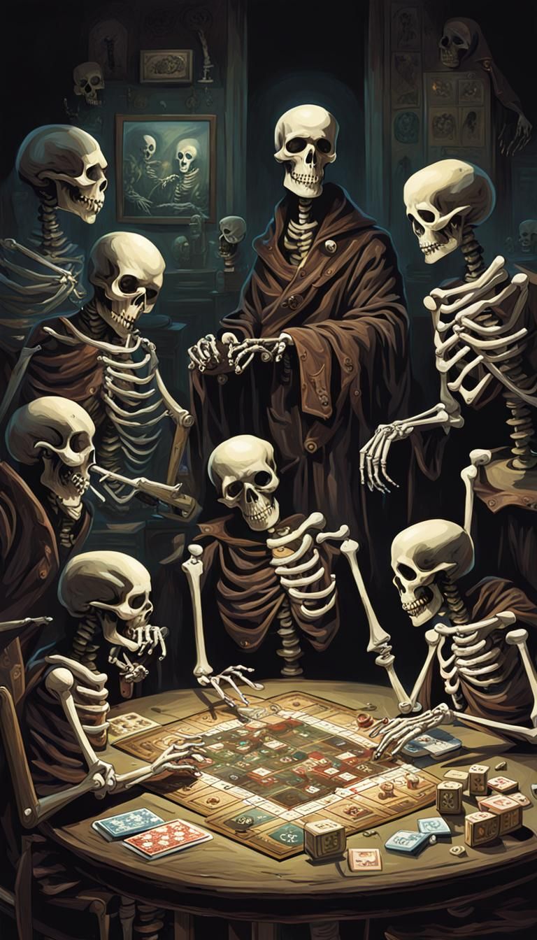 Skeletons and ghosts seated around a table, playing a board game - AI ...