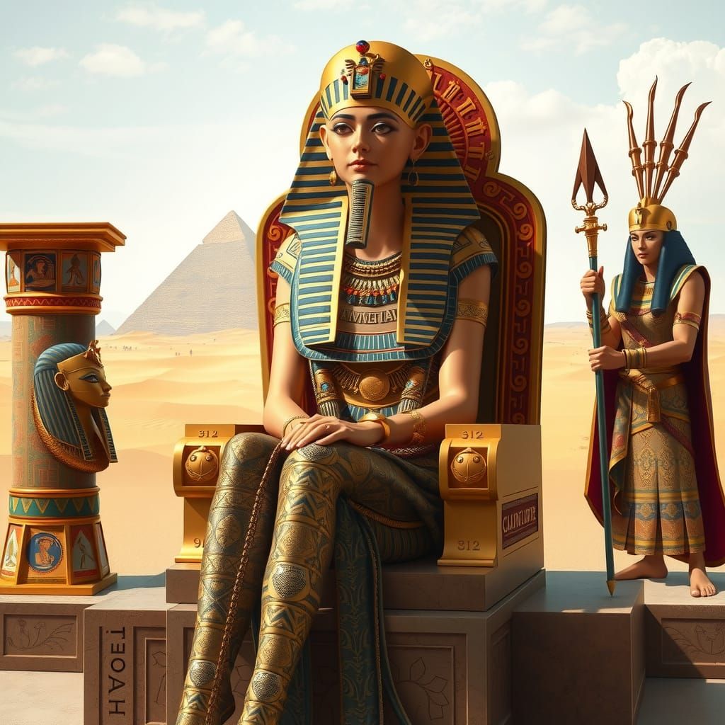 Cleopatra is a woman in a golden pharaonic headdress and an ornate ...