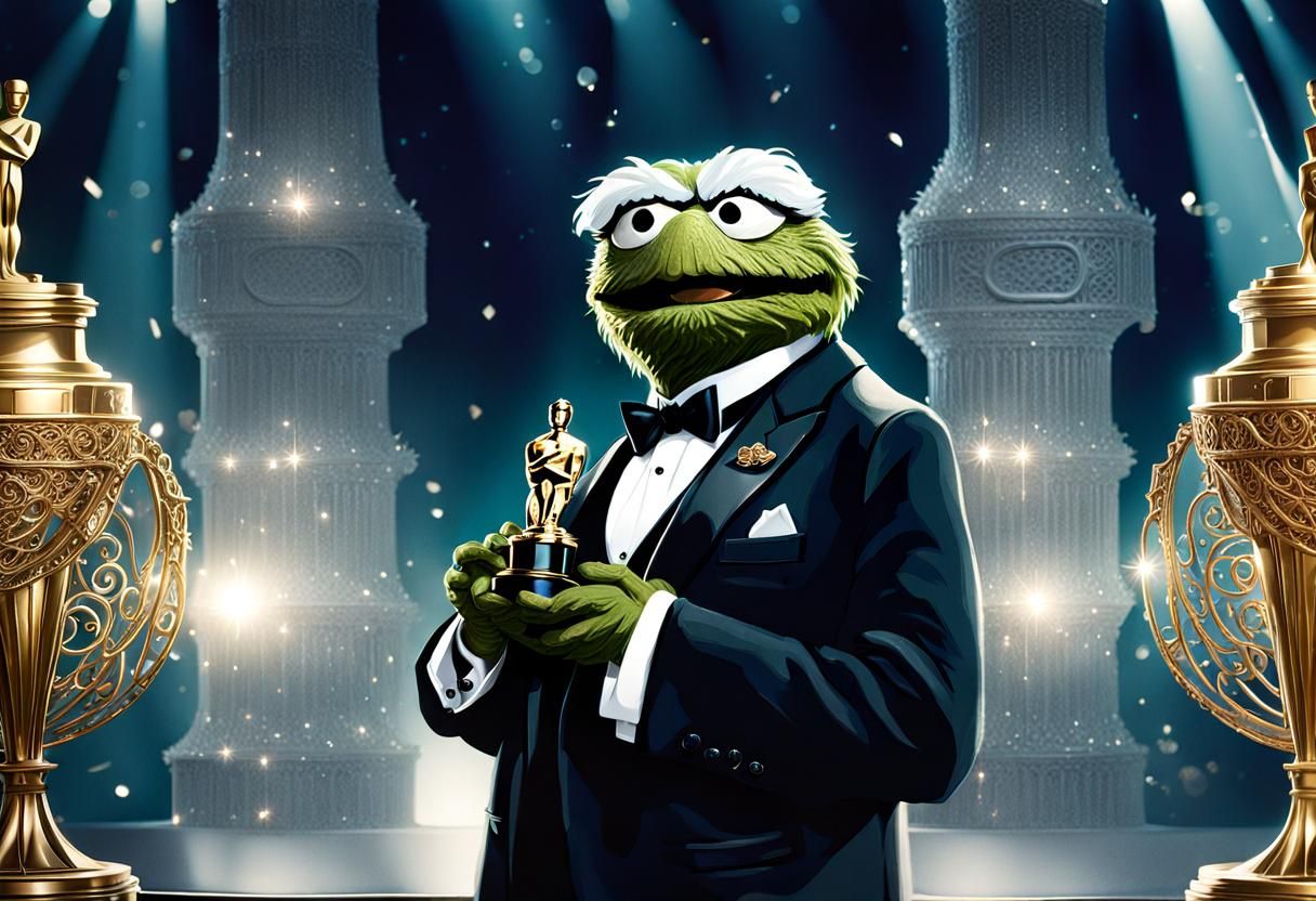 Closeup realistic Portrait of Oscar the grouch in a tuxedo holding the ...