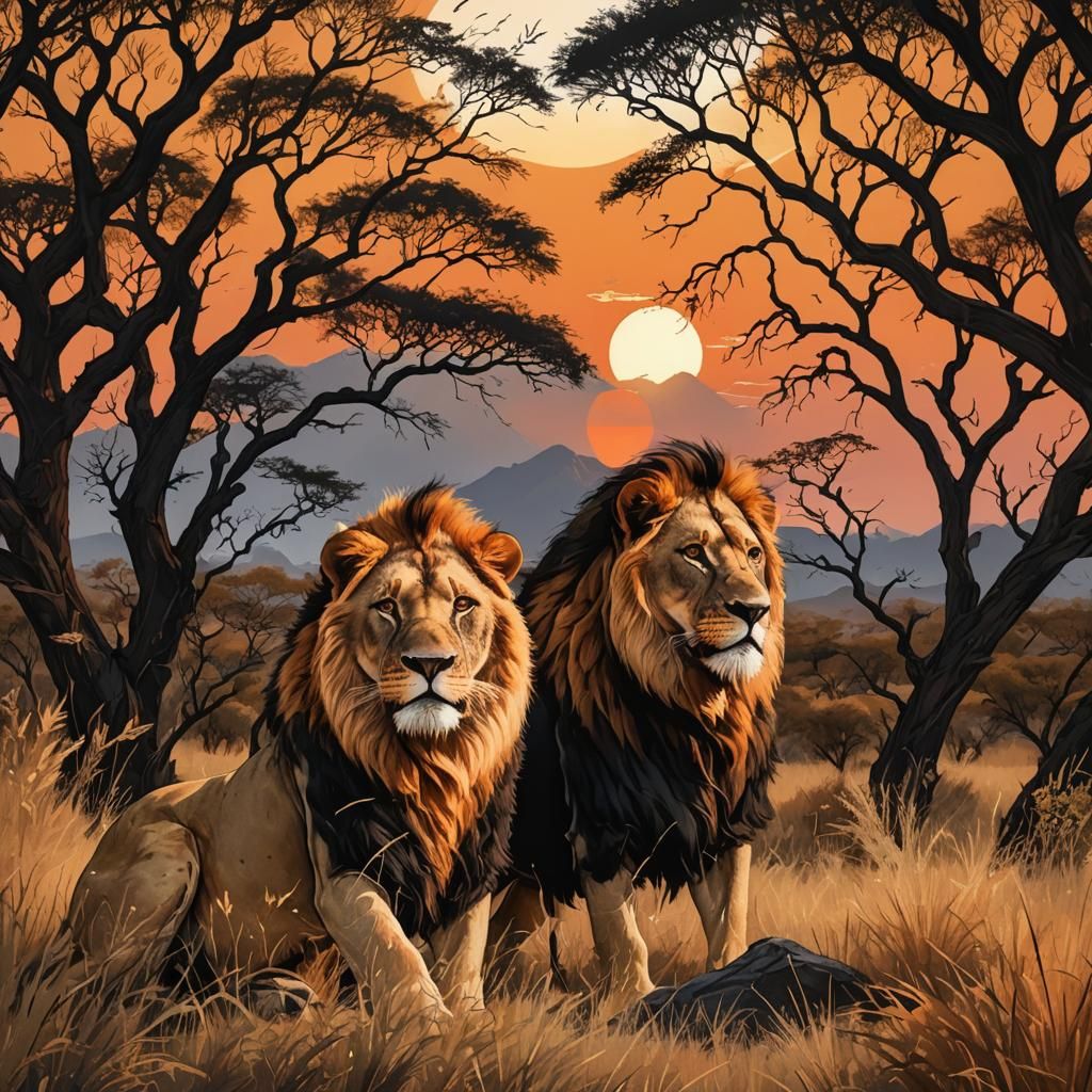 African Savannah, a lion and lioness. - AI Generated Artwork ...
