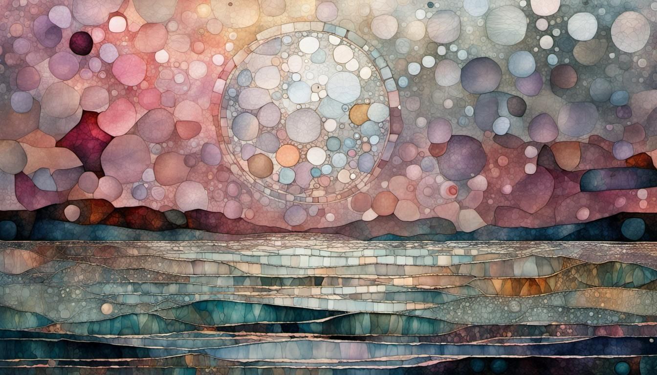 Gustav Klimt inspired twilight over the sea, geometric shapes ...