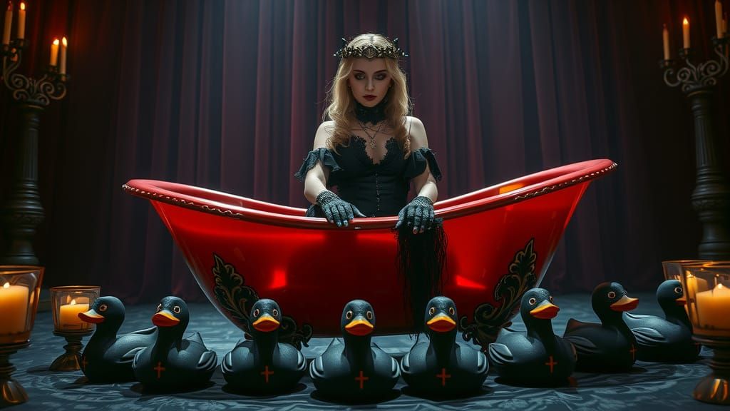 Goth black rubber ducks with occult symbols in a Victorian claw footed ...
