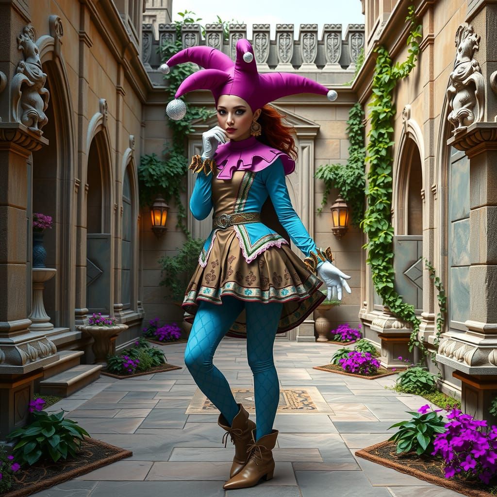 Whimsical Jester Maiden in Vibrant Castle Courtyar... - AI Art