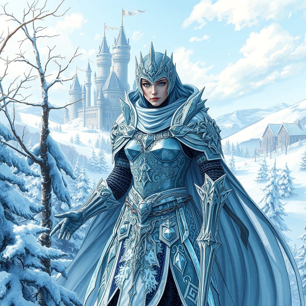 A hyperrealistic digital artwork of a female knight in frozen armor ...