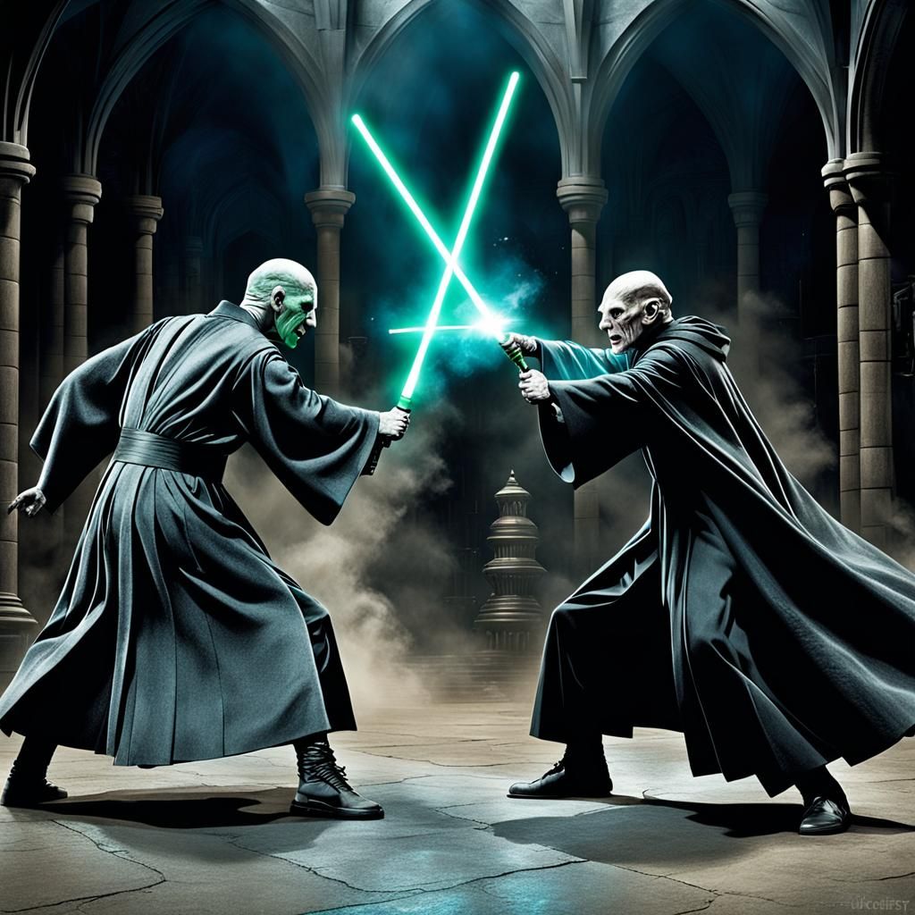 Voldemort fighting Harry Potter dueling with light sabers - AI ...