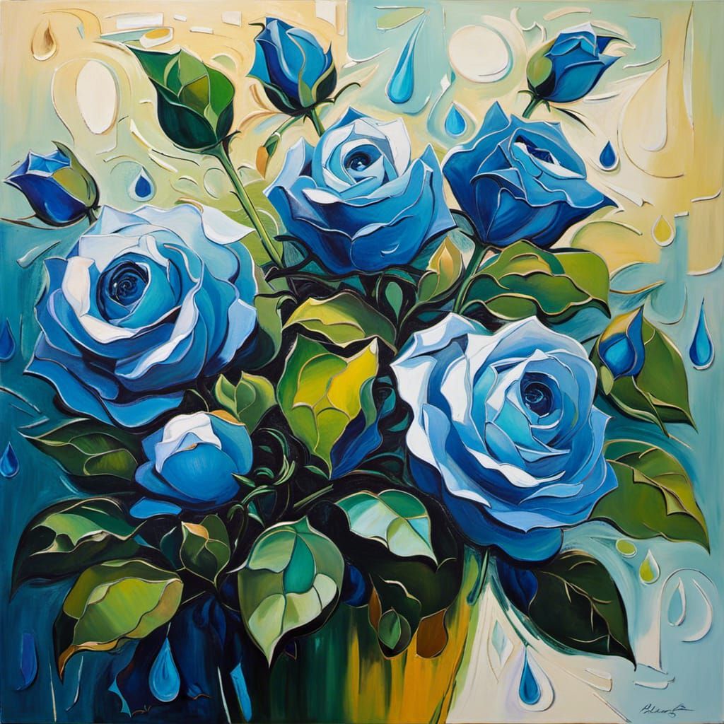 drops of dew on Blue roses in a stunning floral arrangement. Cubism neo ...