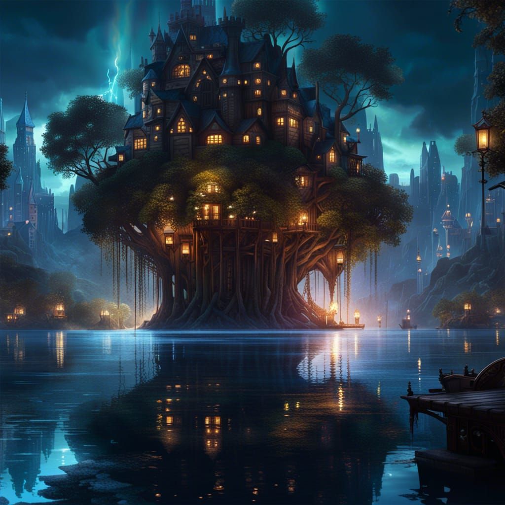 massive Dark high-class-city glowing-lake half floating buildings ...