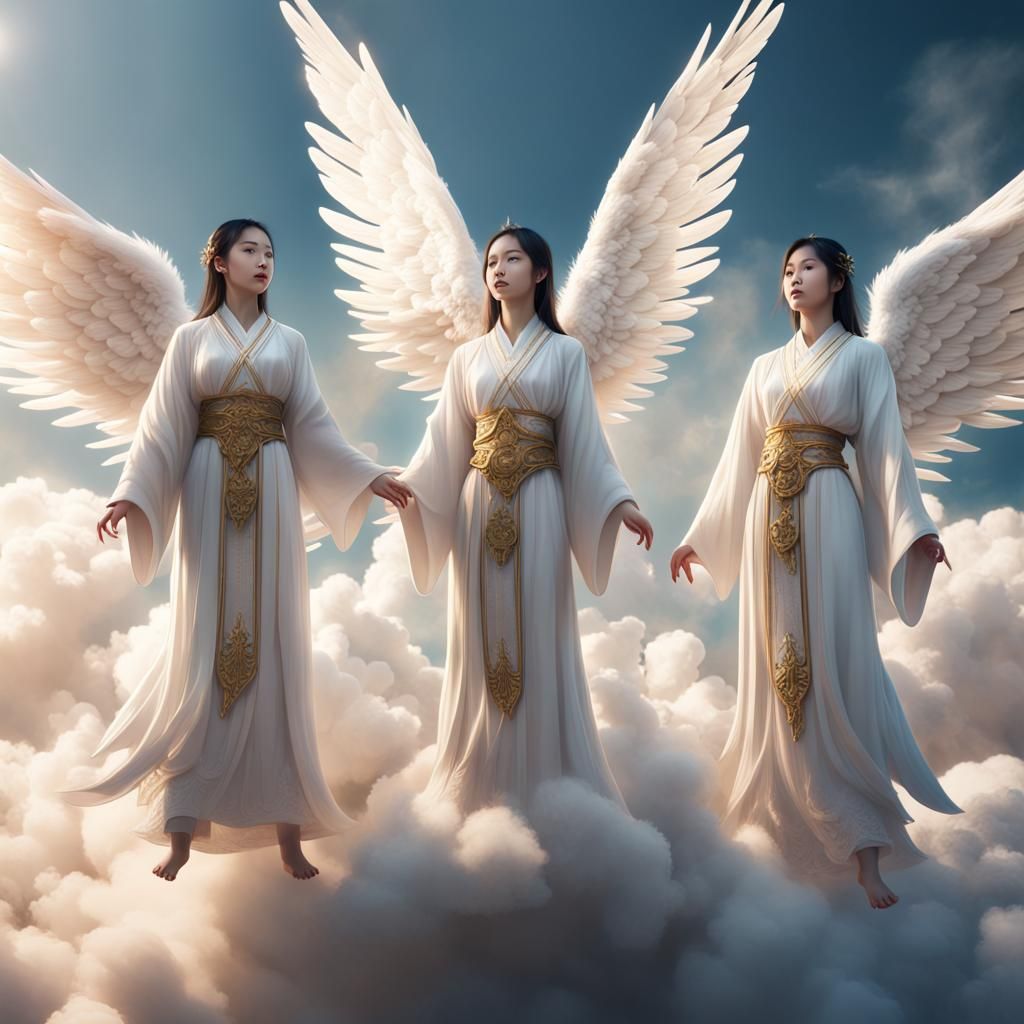 Six Asian female angels, wearing white robes and have wings, standing ...