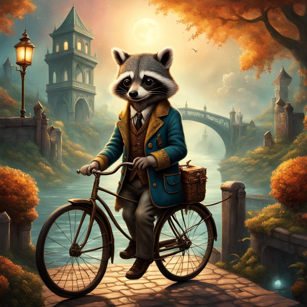 Surreal Raccoon Rides Glowing Bridge in Whimsical ... - AI Art
